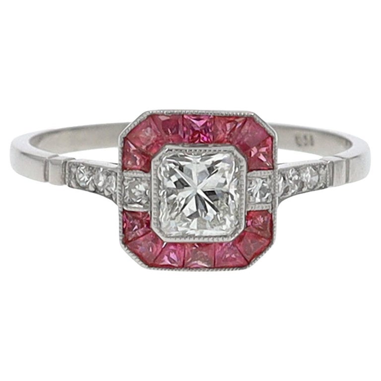 Geometric Art Deco Style Square Diamond and Ruby Engagement Ring For ...