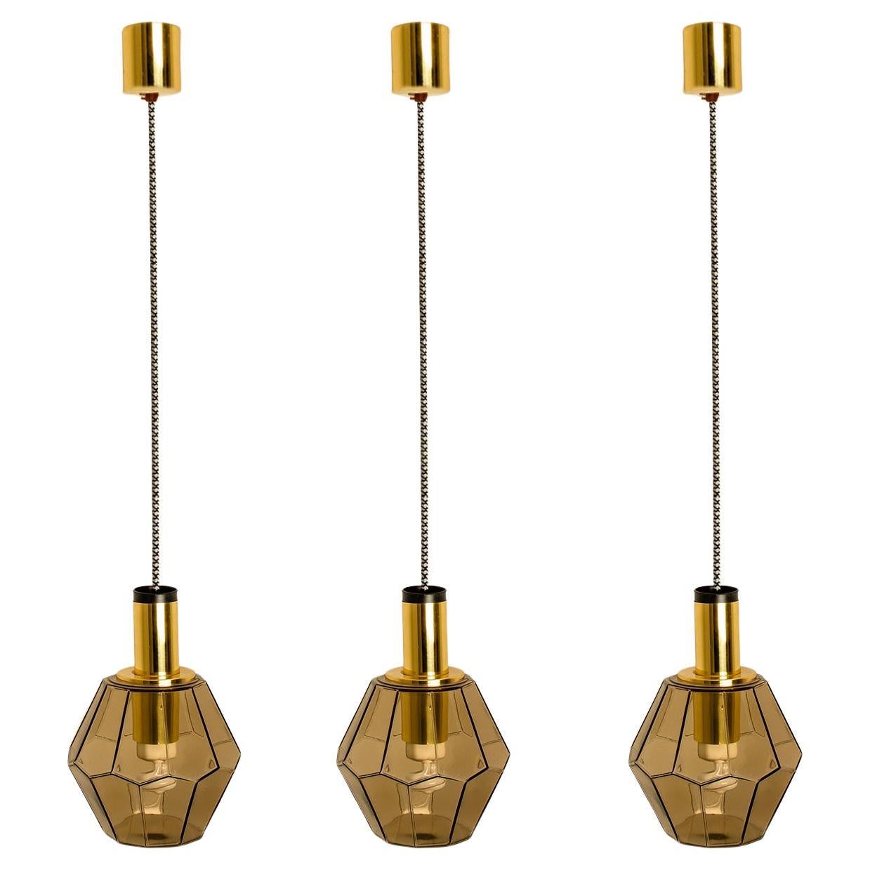 Pair of Geometric Brass and Clear Glass Pendant Lights by Limburg ...