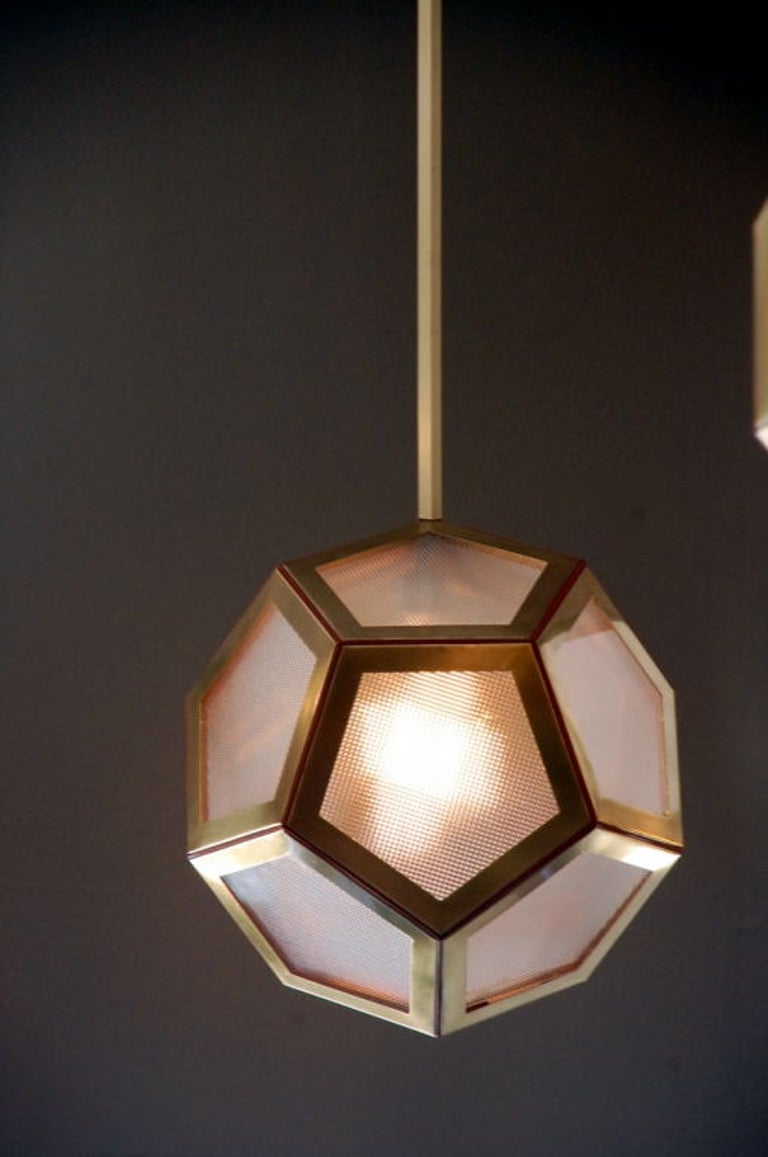 Geometric Brass, Tan Leather and Glass 'Pentagone' Lantern by Design ...