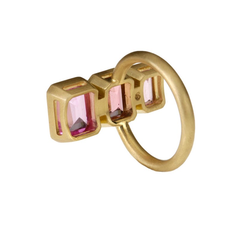 Geometric Brushed Gold Tourmaline Ring For Sale at 1stDibs