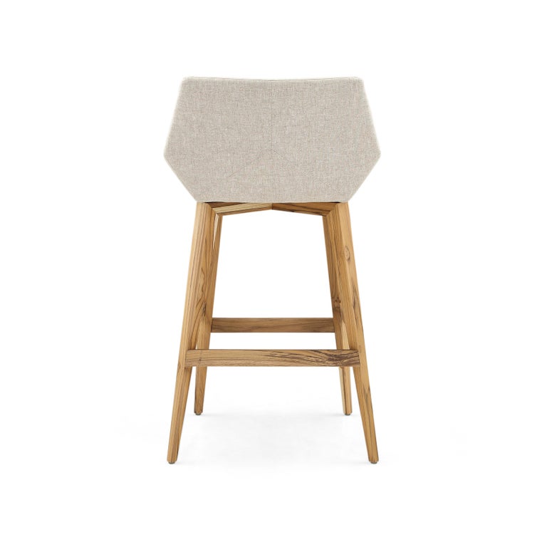 Geometric Cubi Bar Stool Bawith Teak Base and Oatmeal Fabric Seat For ...