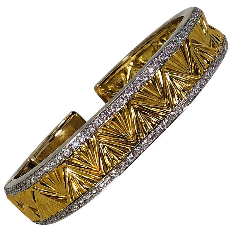 Geometric Design Hinged Gold Bangle with Diamond Edges at 1stDibs