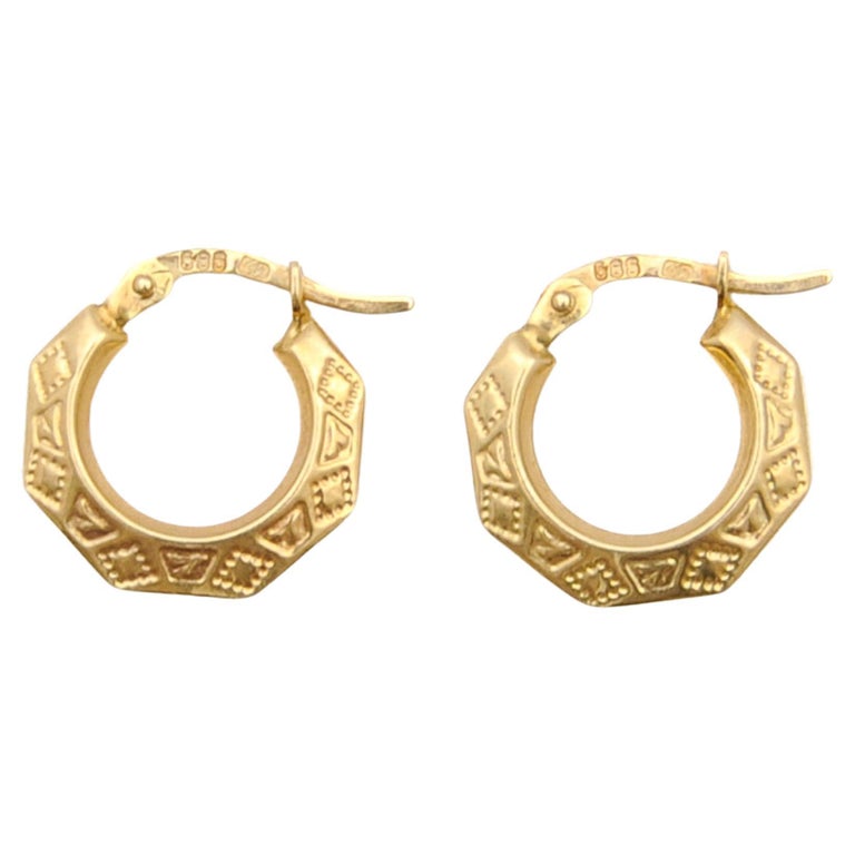 Vintage Geometric Engraved Gold Hoop Earrings For Sale at 1stDibs