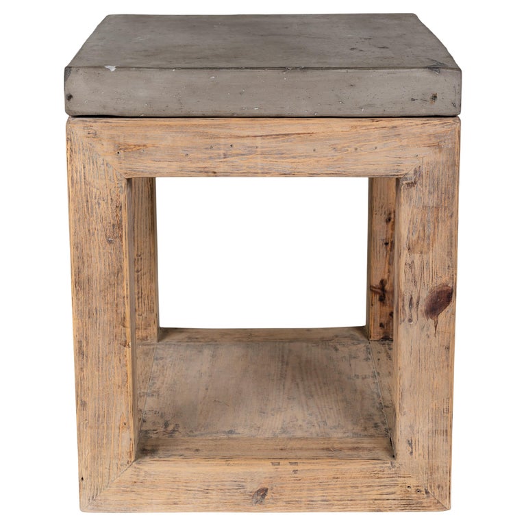 Geometric Form Elm End Table with Cast Concrete Top at 1stDibs