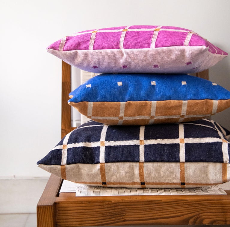 Geometric Grid Pillow, Reversible Blue + Ochre For Sale at 1stDibs
