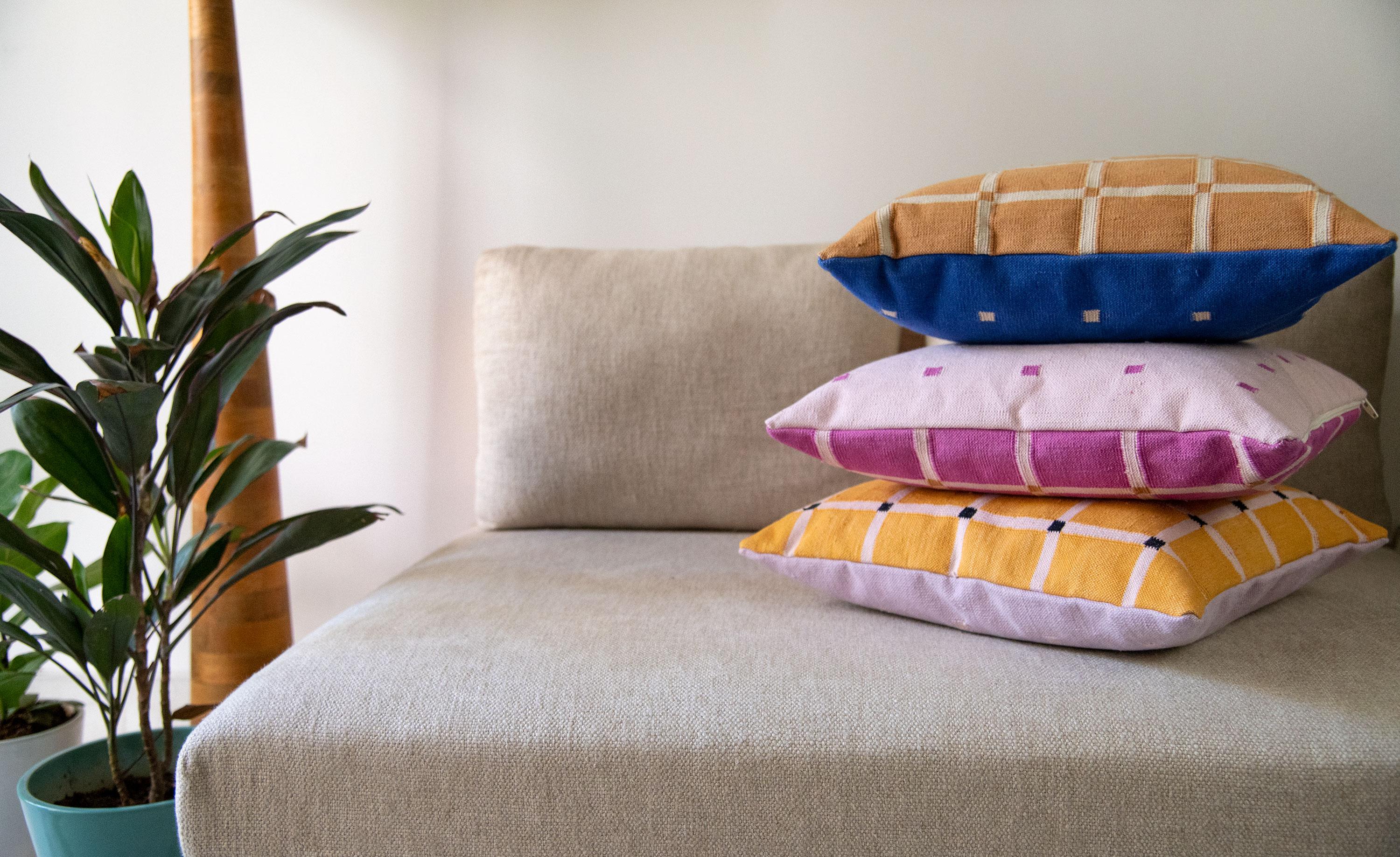 Geometric Grid Pillow, Reversible Marmalade + Lilac For Sale at 1stDibs