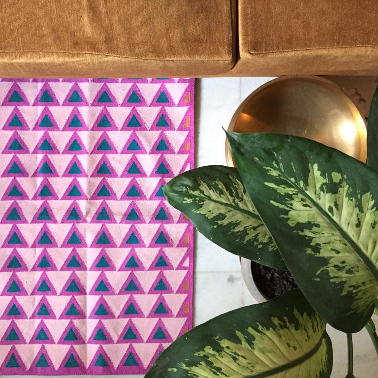 Geometric Maya Candy Pink Handwoven Modern Cotton Rug, Carpet and ...