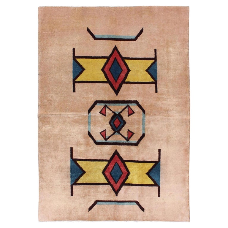 Geometric Mid-Century Modern Rug in Champaign Background, Gold, Teal ...