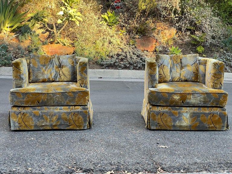Geometric Milo Baughman Style Gold Velvet Swivel Club Chairs, a Pair ...