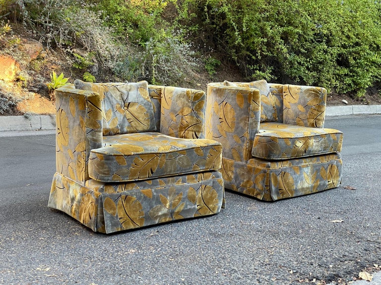 Geometric Milo Baughman Style Gold Velvet Swivel Club Chairs, a Pair ...