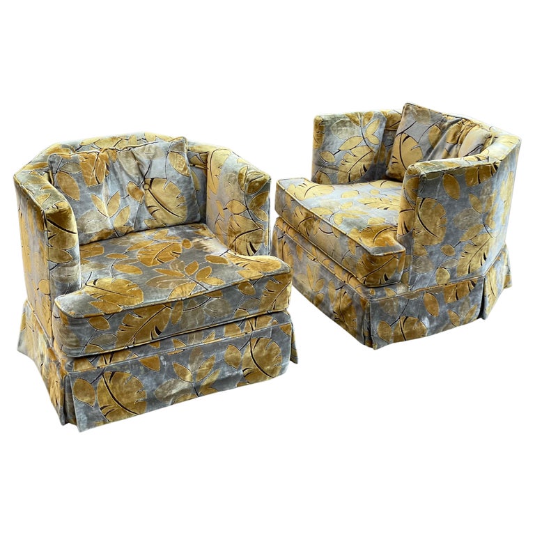 Geometric Milo Baughman Style Gold Velvet Swivel Club Chairs, a Pair ...