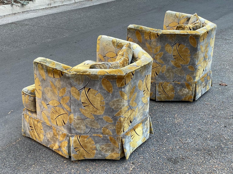 Geometric Milo Baughman Style Gold Velvet Swivel Club Chairs, a Pair ...