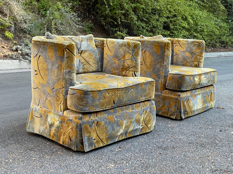 Geometric Milo Baughman Style Gold Velvet Swivel Club Chairs, a Pair ...