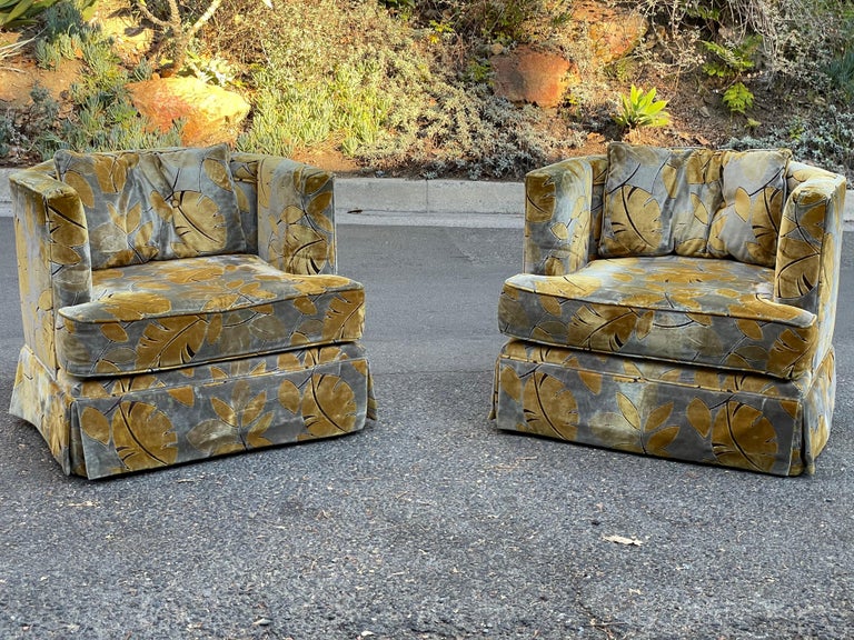 Geometric Milo Baughman Style Gold Velvet Swivel Club Chairs, a Pair ...