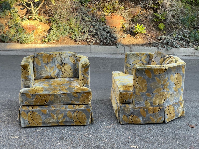 Geometric Milo Baughman Style Gold Velvet Swivel Club Chairs, a Pair ...