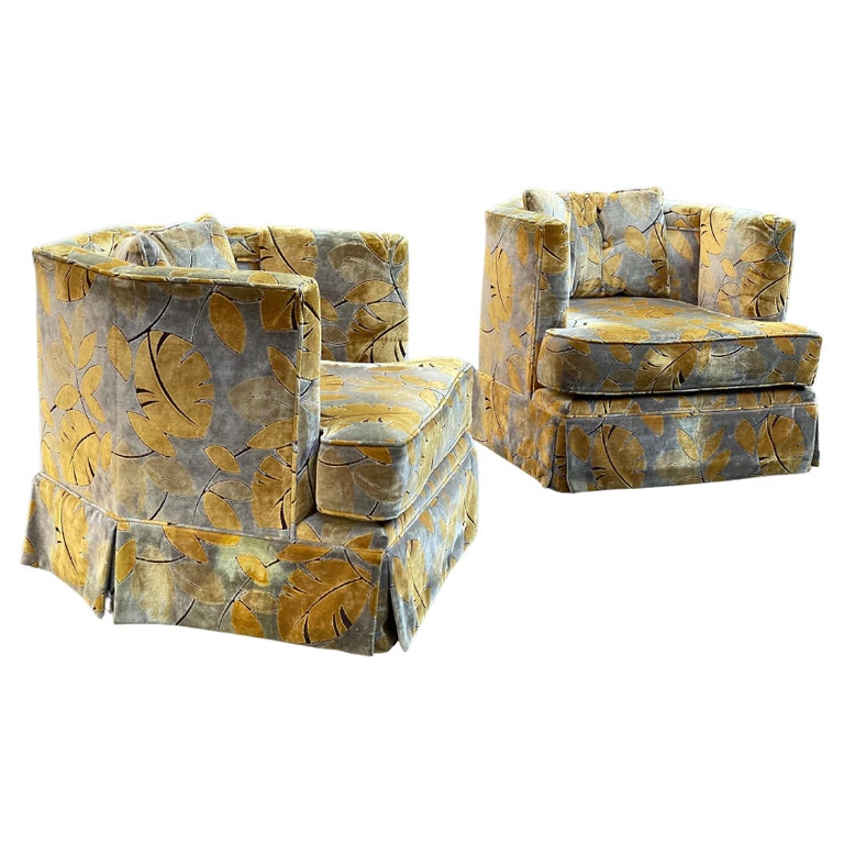 Geometric Milo Baughman Style Gold Velvet Swivel Club Chairs, a Pair ...