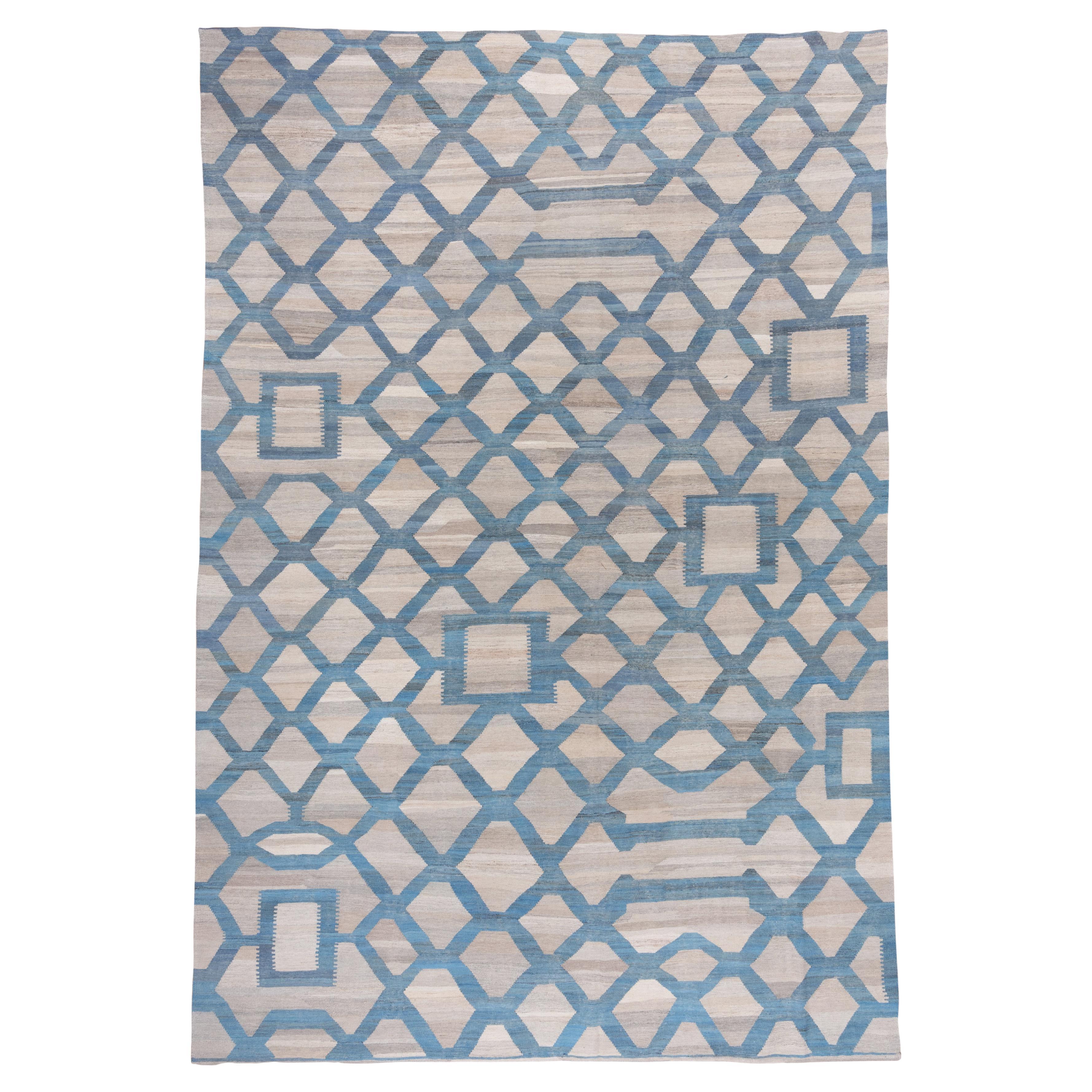 Modern and Geometric Royal Blue Flatweave Rug with Gray and Taupe ...
