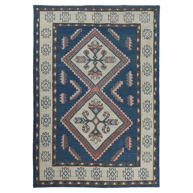 Geometric Navy Blue Turkish Rug For Sale at 1stDibs