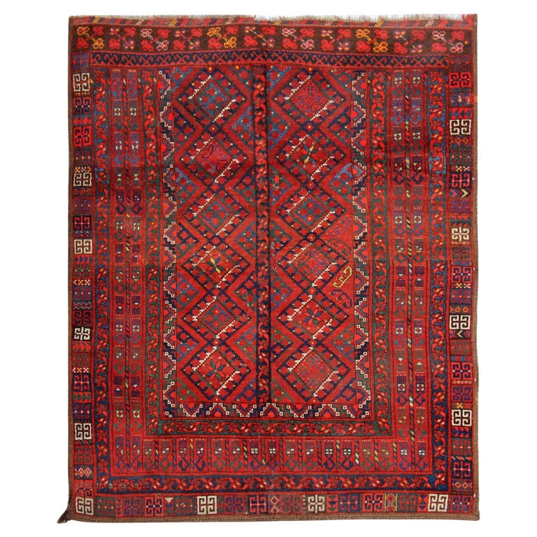 Geometric Red Turkmen Rug Handmade Carpet Antique Living Room Rug For ...