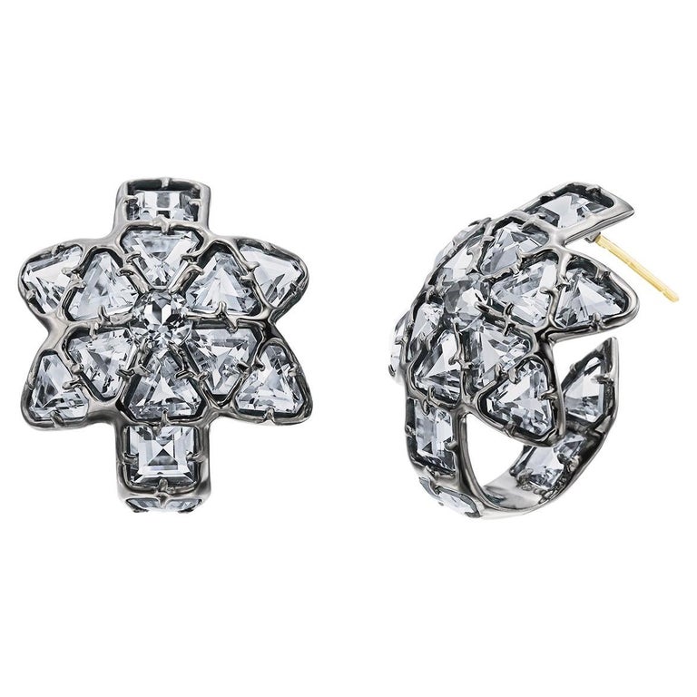 Geometric Sterling Silver Hoop Earrings with White Topaz For Sale at ...
