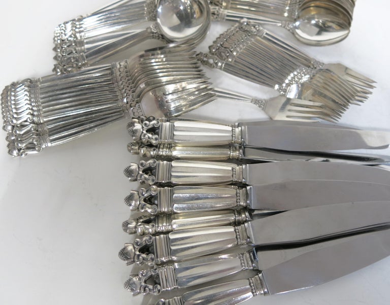 Georg Jensen, Acorn Pattern, Sterling Silver Set for 12 People, 60 Piece Set For Sale at 1stDibs