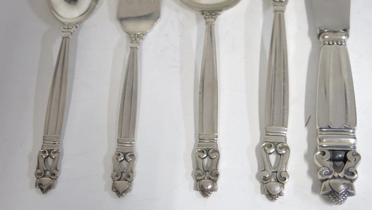 Georg Jensen, Acorn Pattern, Sterling Silver Set for 12 People, 60 Piece Set For Sale at 1stDibs