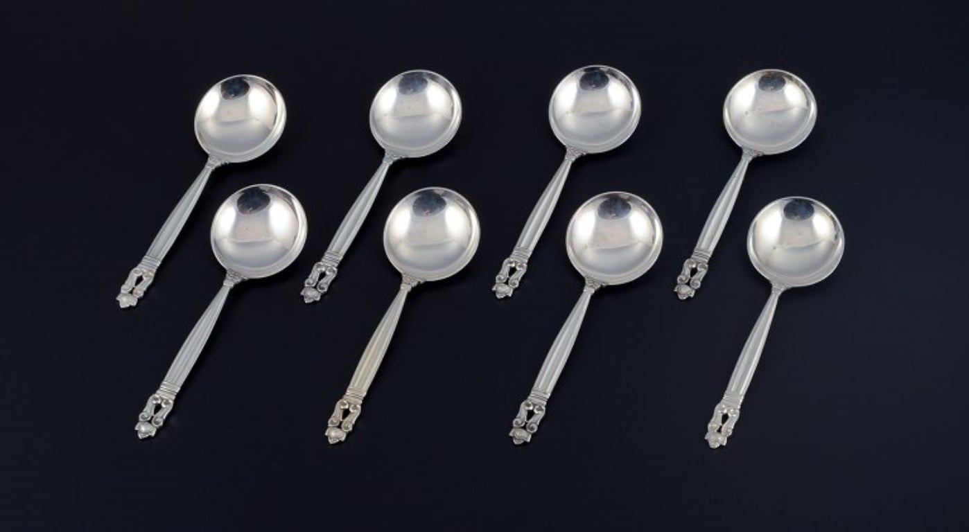 Georg Jensen, Acorn. Set of eight large bouillon spoons in sterling ...