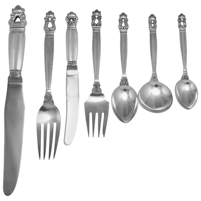 Georg Jensen Acorn Sterling Silver Flatware Set for 12, in all 126 Pieces For Sale at 1stDibs