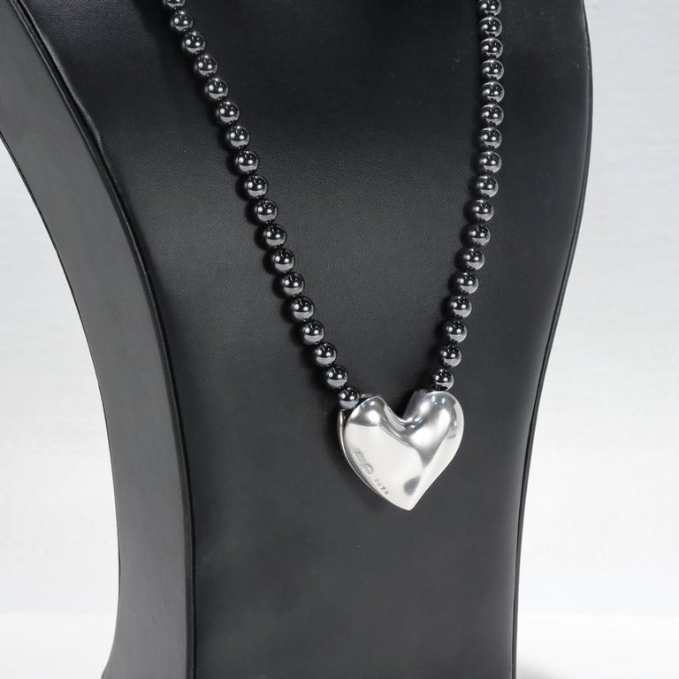 Georg Jensen Sterling Silver Heart Pendant and Hematite Bead Necklace ...