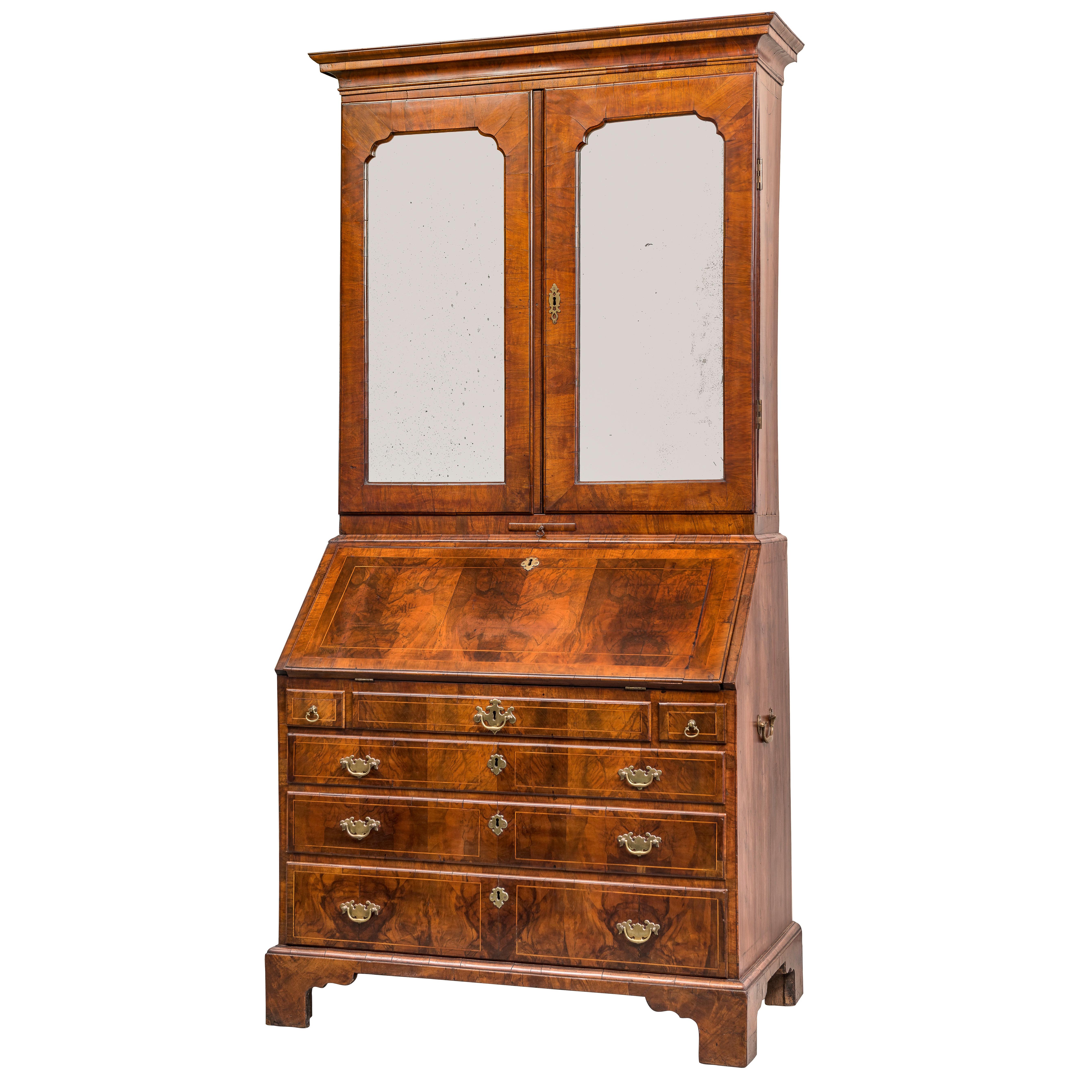 George II Figured Walnut Secretary Bookcase with Mirrored Doors at 1stDibs