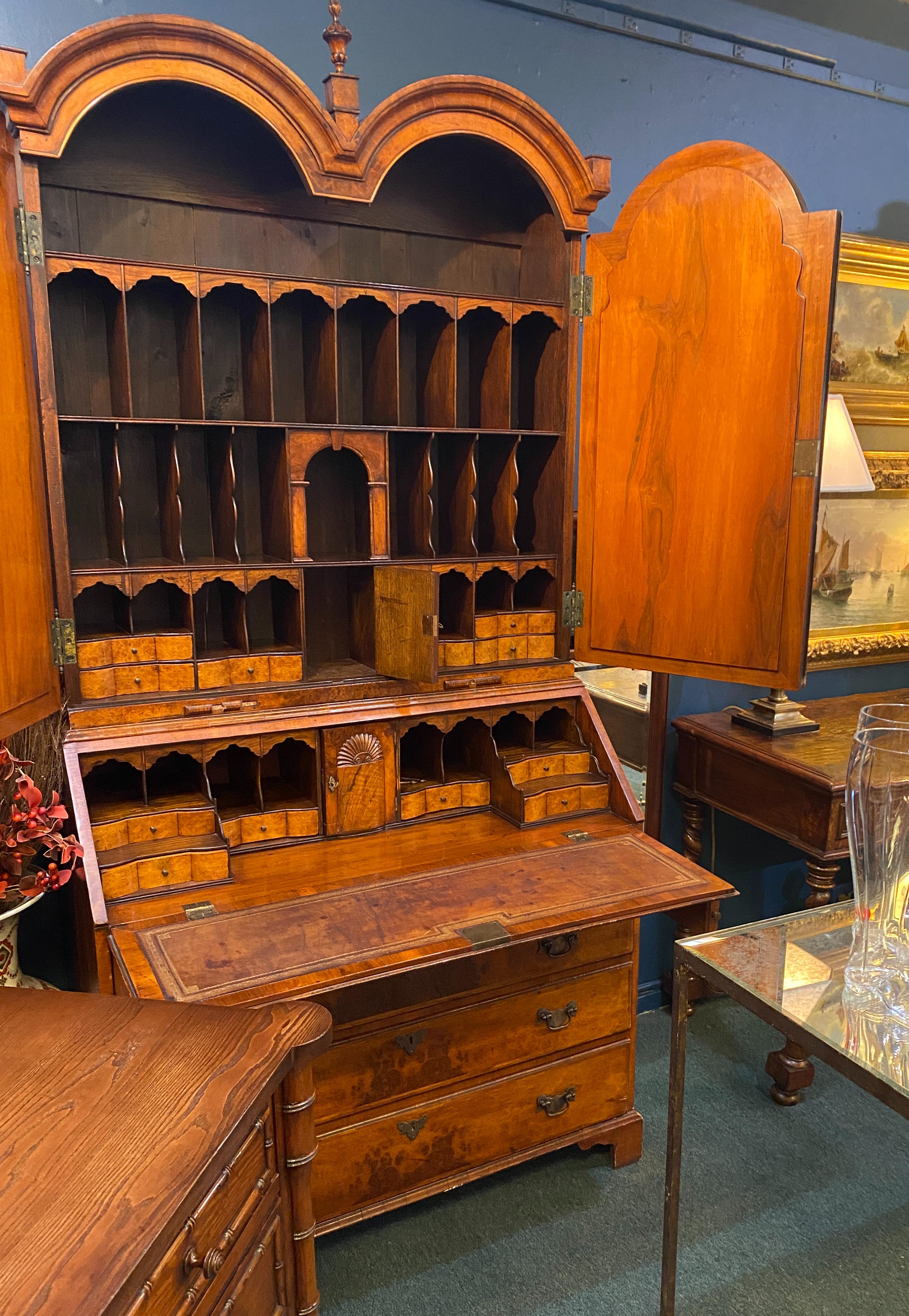 George II Style Inlaid Burl Walnut Slant Front Bureau Bookcase with ...