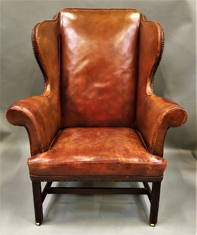 George III Mahogany and Leather Wing Chair For Sale at 1stDibs