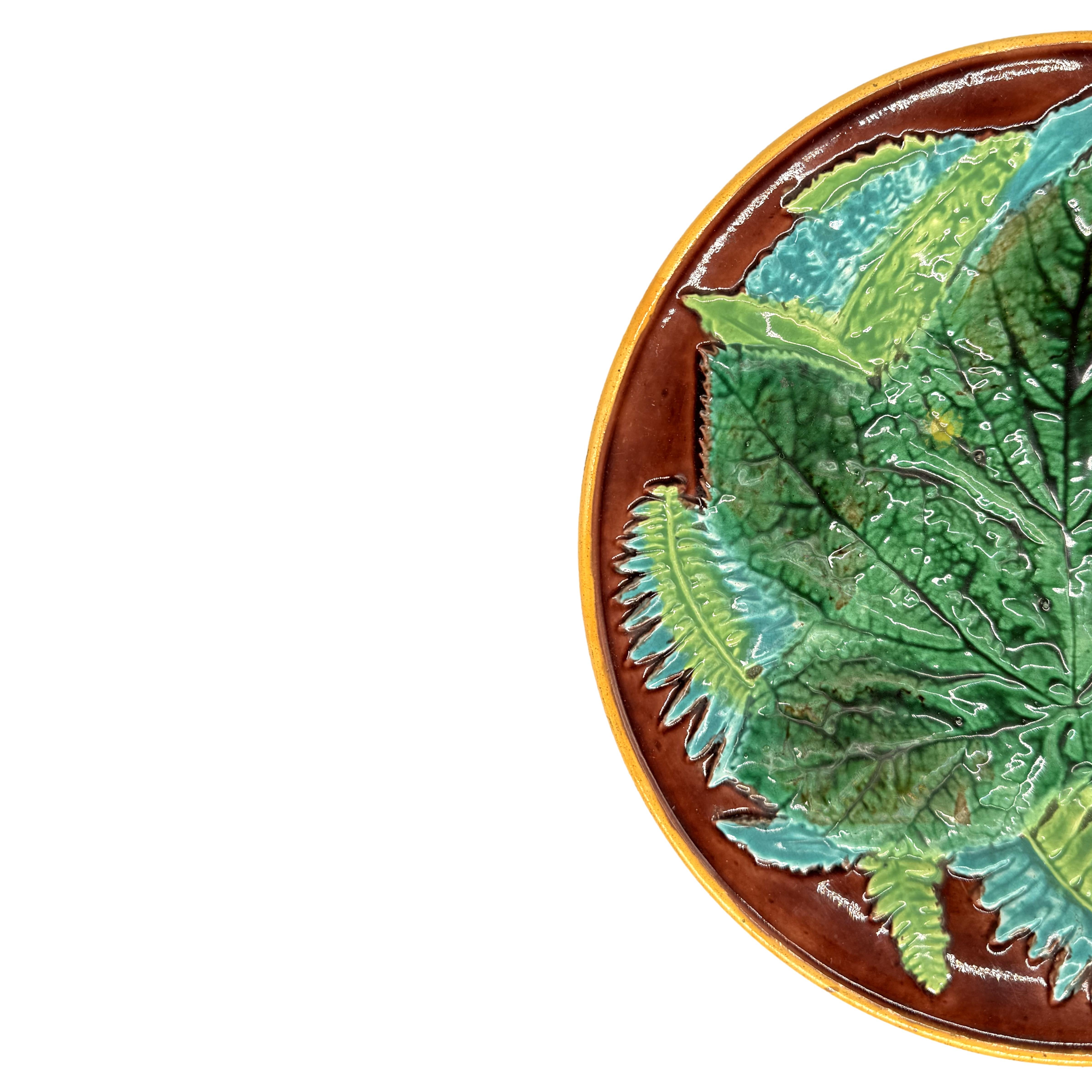 George Jones Majolica Maple Leaf and Ferns Plate on a Brown Ground, ca ...