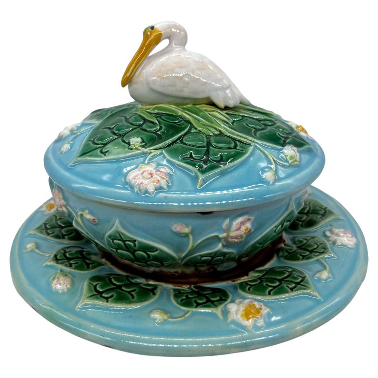 George Jones Majolica Pâté Server with Stand and Cover, 'Stork' Finial ...