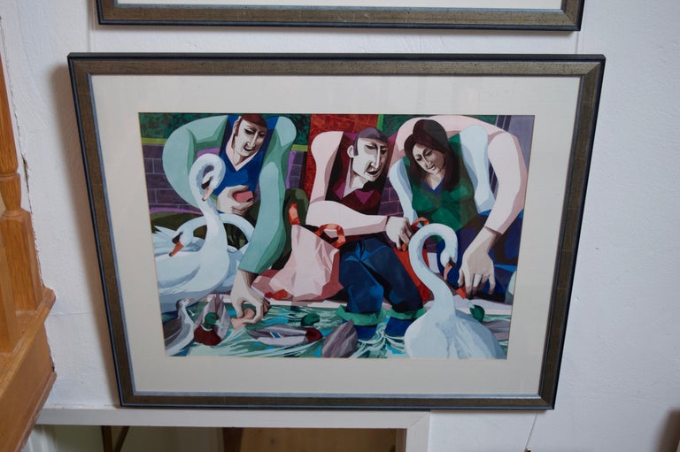 George Large - George Large, Feeding the swans, Cubist art For Sale at ...