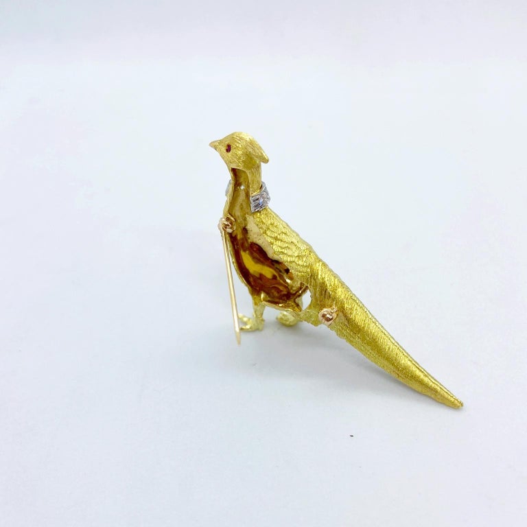 George Lederman 18 Karat Yellow Gold Pheasant Brooch with Diamond ...