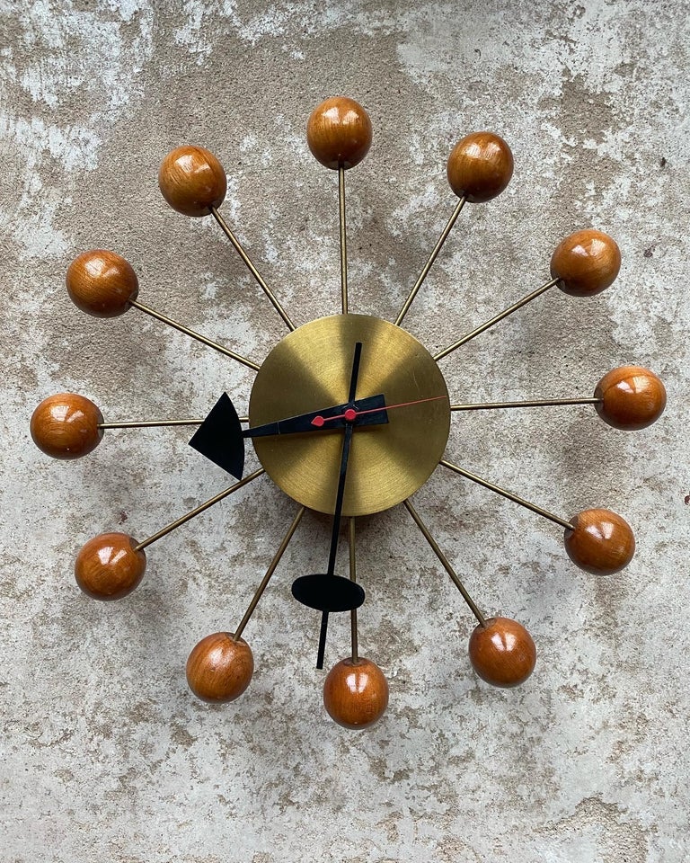George Nelson Mid Century Ball Clock in Brass and Wood For Sale at 1stDibs