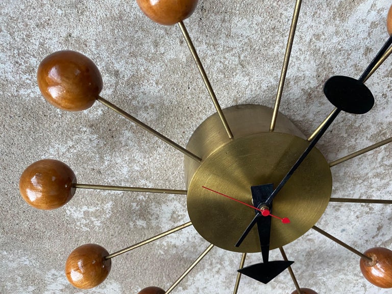 George Nelson Mid Century Ball Clock in Brass and Wood For Sale at 1stDibs