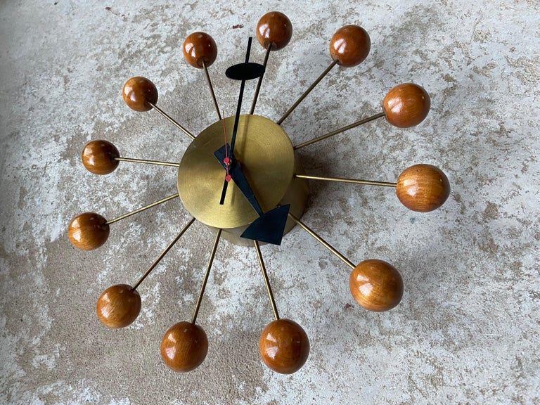 George Nelson Mid Century Ball Clock in Brass and Wood For Sale at 1stDibs
