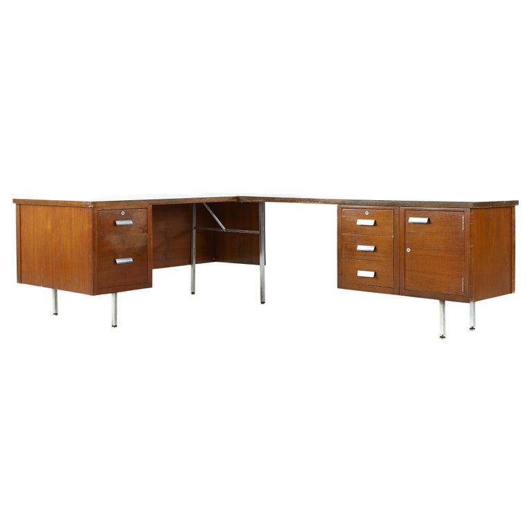 George Nelson Style Midcentury Walnut Formica and Cane L Desk For Sale ...