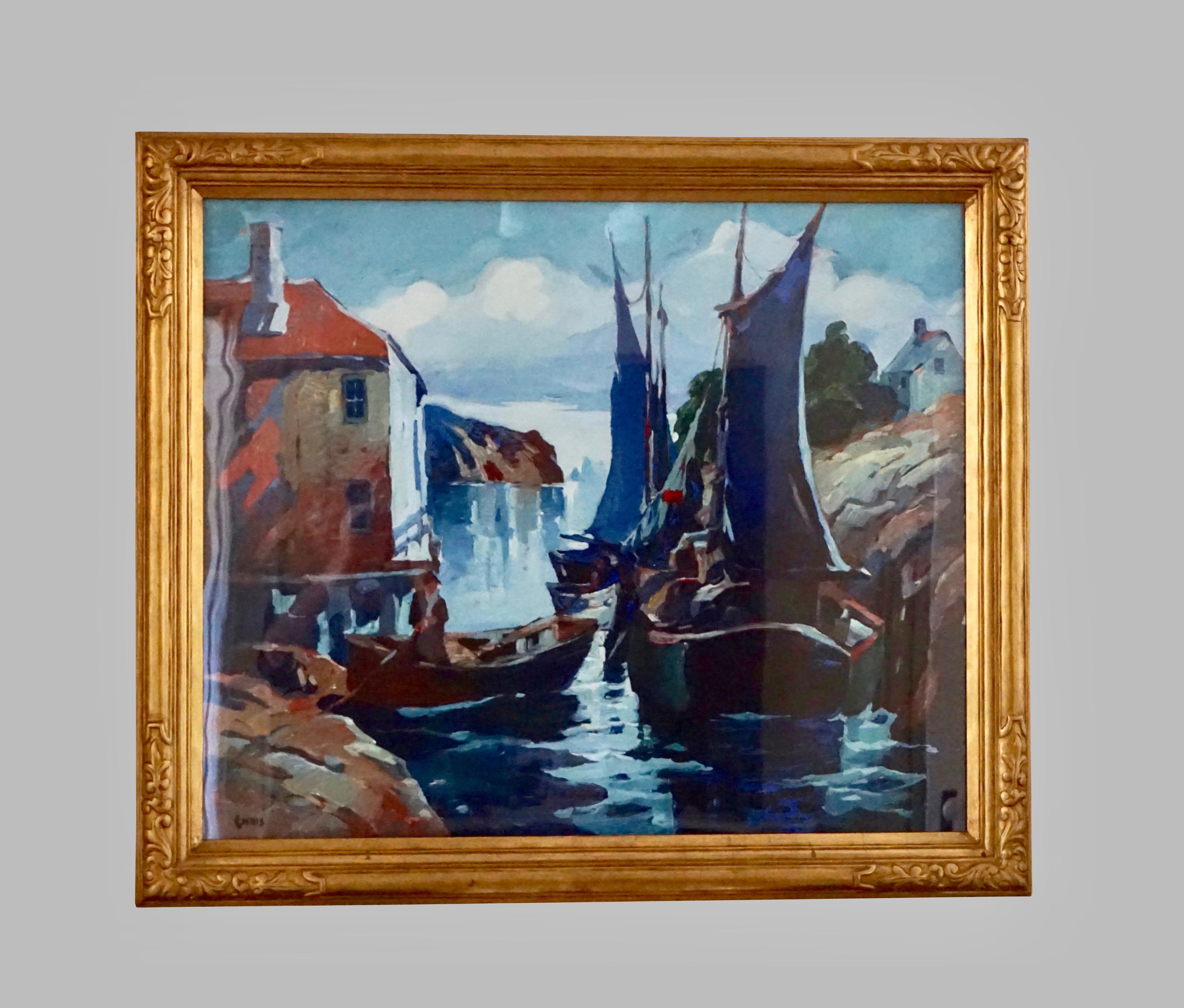 George Pearse Ennis (1884-1936) Oil on Canvas of Harbor Scene "Silvery ...