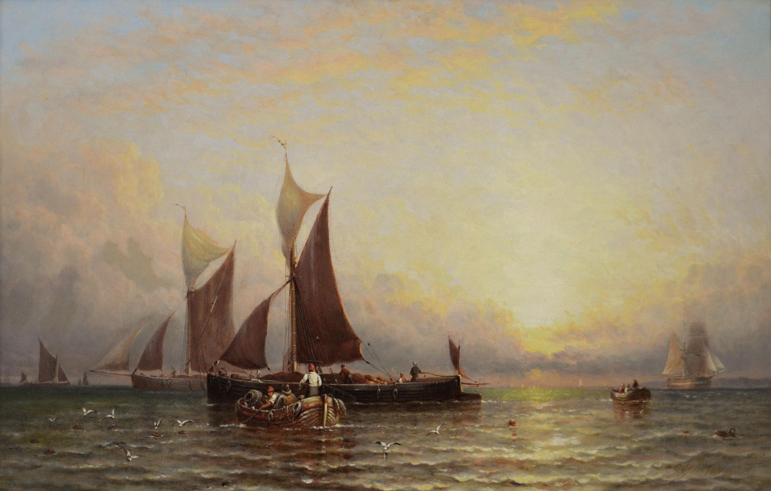 George Stainton - 19th Century seascape oil painting of fishing boats ...