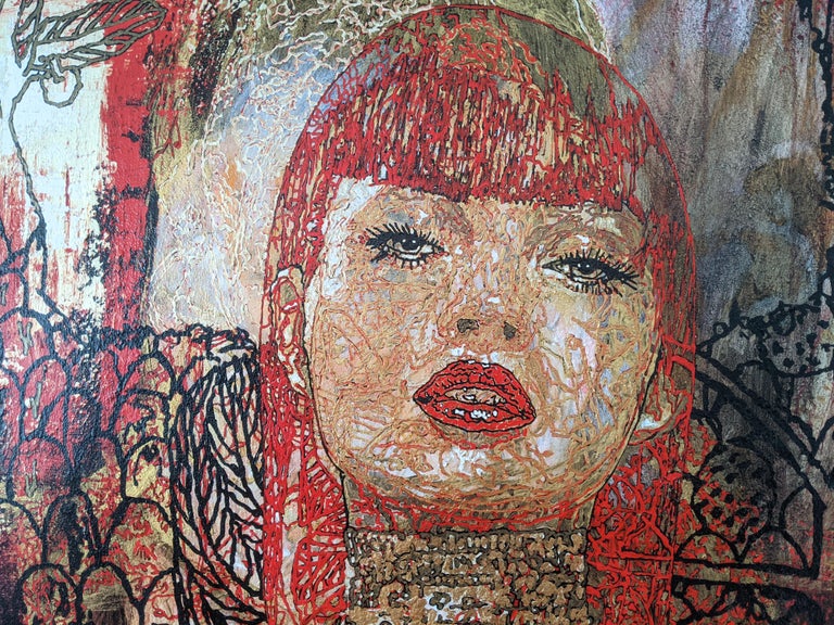 George Yepes - Painting, Textured, Red, Gold, Bold, Face, Expressive ...