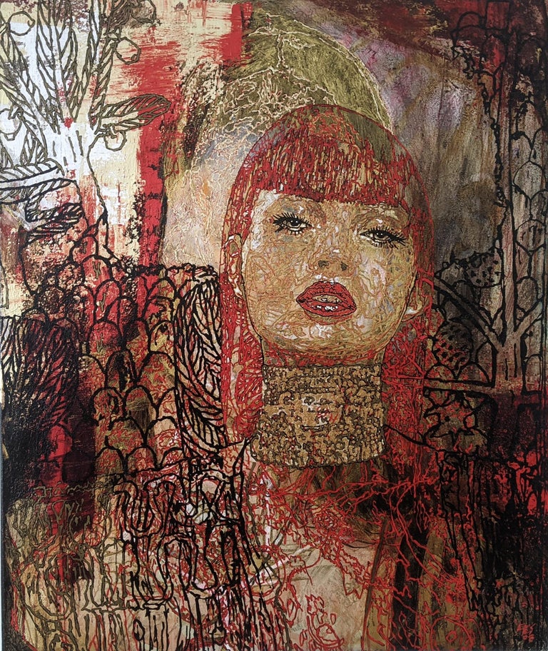 George Yepes - Painting, Textured, Red, Gold, Bold, Face, Expressive ...