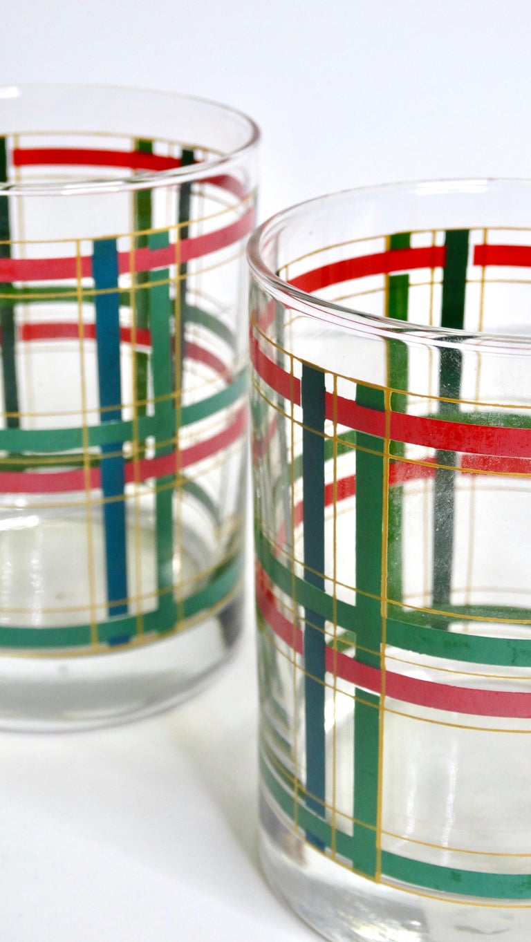 Georges Briard Mid-Century Red and Green Plaid Glasses- Set of 8 For ...