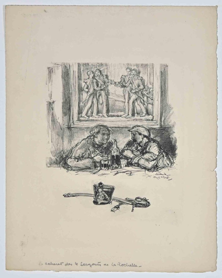 Georges Gola - Drinking Men in Cafe - Original Lithograph by Georges ...
