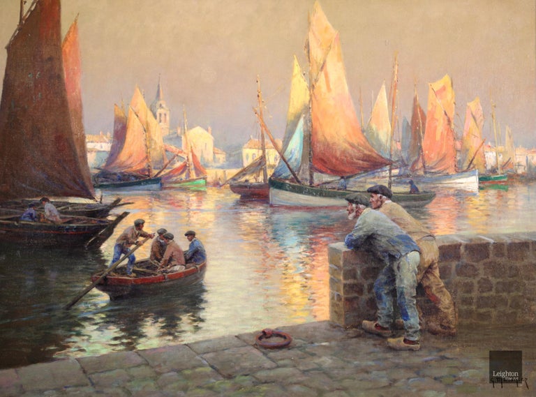 Georges Maroniez - Sunset, Concarneau - Figurative Realist Oil, Boats ...