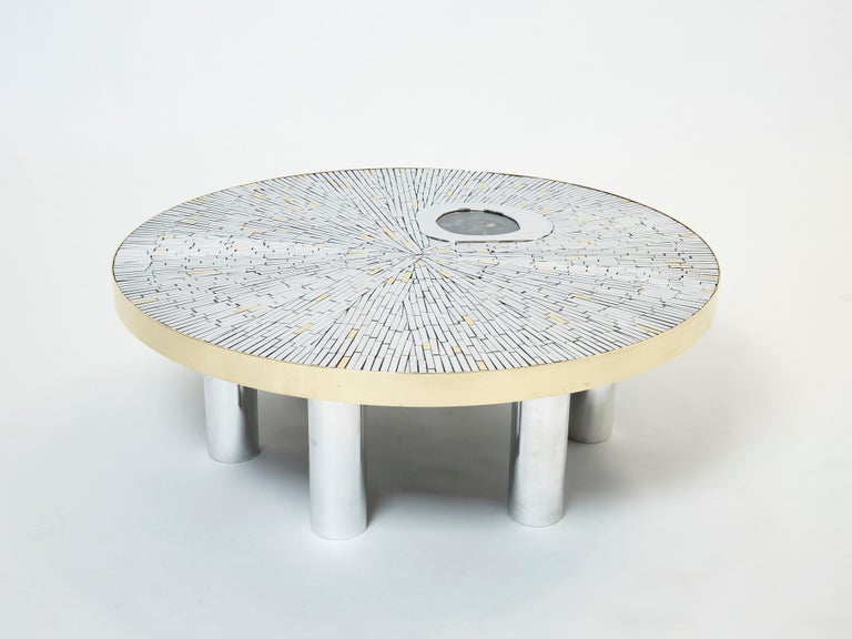 Georges Mathias Chrome Brass Mosaic Coffee Table Agate Stone 1970 at ...