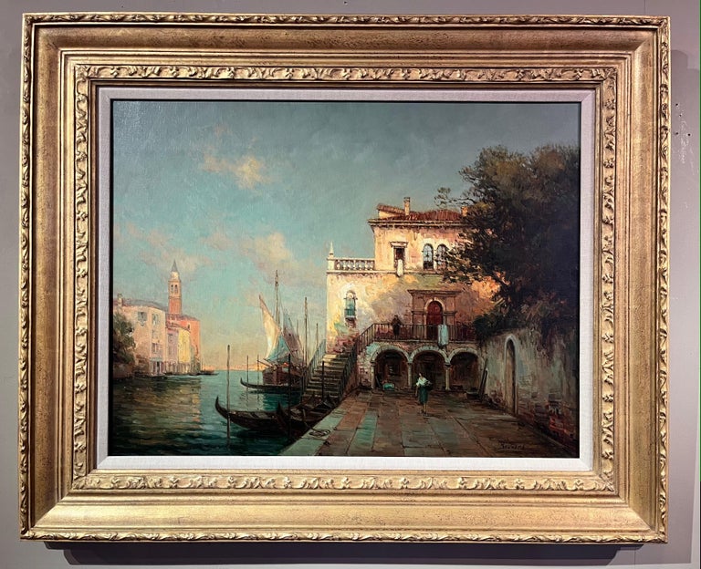 Georges Noel Bouvard - 'Sunrise in Venice' Venetian Landscape painting of buildings, figures ...