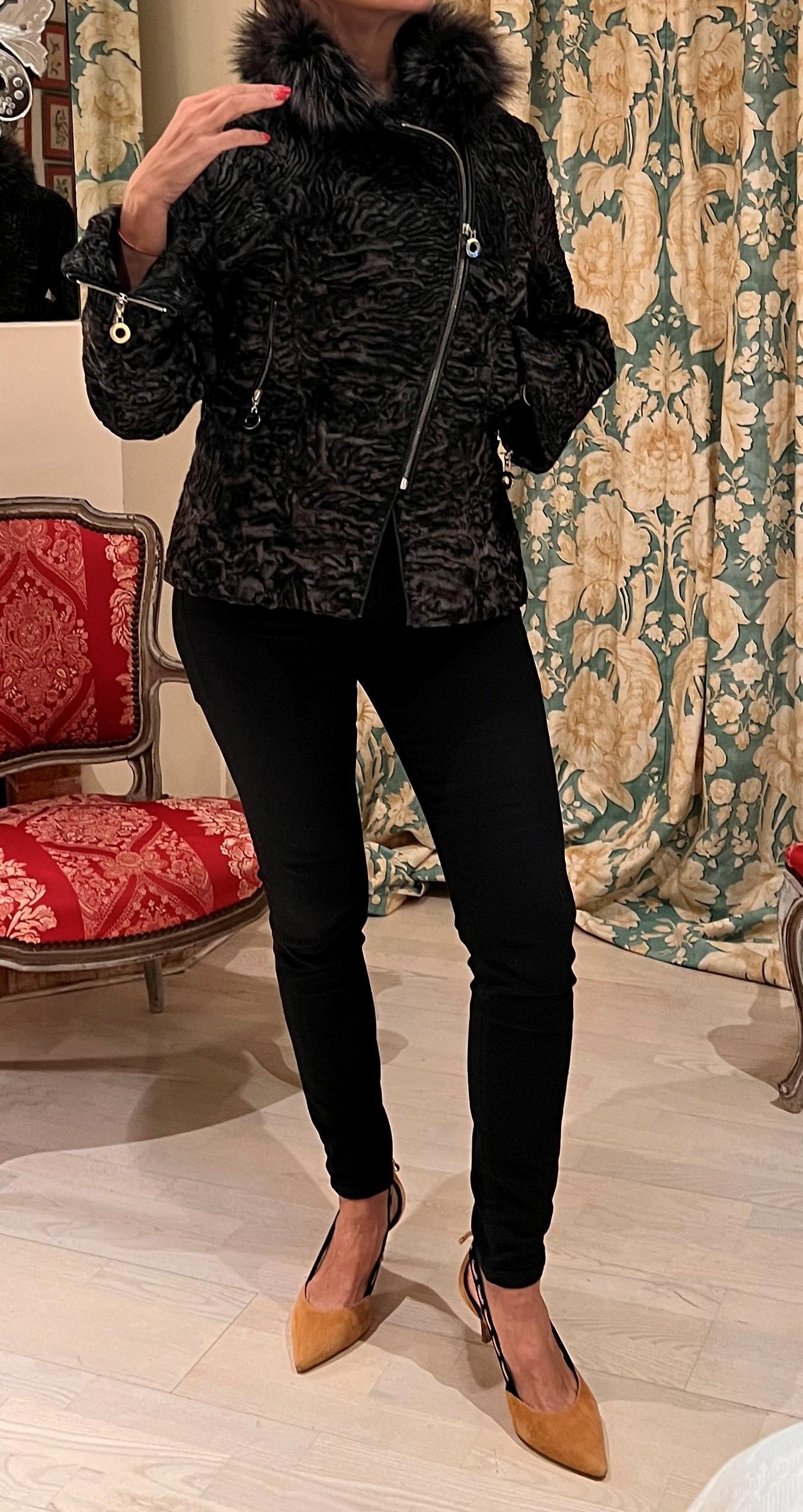 Georges Rech Black Persian Lamb Astrakhan Coat and fox collar Swakara ...